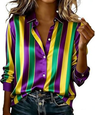 Generic Chemisiers en satin pour femme - Mardi Gras - Manches longues - Hauts surdimensionn&eacute;s &eacute;l&eacute;gants boutonn&eacute;s - Pour f&ecirc;te, travail, quotidien, carnaval, Ro