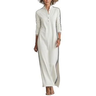 Generic Robe longue &agrave; manches longues pour femme, noir avec col boutonn&eacute; blanc et fente lat&eacute;rale, blanc, XXL