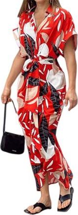 Generic Robe longue d&eacute;t&eacute; boh&egrave;me &agrave; motif floral pour femme, boutonn&eacute;e, manches chauve-souris, ceinture fronc&eacute;e, robe de plage et de vacances, Rouge, XXL