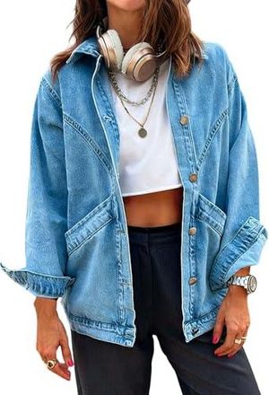 Generic Veste en jean surdimensionn&eacute;e boutonn&eacute;e &agrave; manches longues pour femme - V&ecirc;tement dext&eacute;rieur d&eacute;contract&eacute; en coton avec poches, bleu, XXL