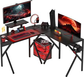 HOMCOM Homcom - Bureau gaming dangle bureau gamer bureau informatique bracket casque porte-gobelet &eacute;tag&egrave;re &eacute;cran r&eacute;glable m&eacute;tal panneaux texture carbone