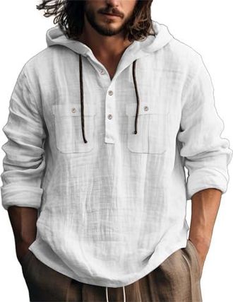 Generic Sweat &agrave; capuche en coton et lin pour homme - Manches longues - Coupe r&eacute;guli&egrave;re - Couleur unie - L&eacute;ger - Cordon de serrage - Haut de sport avec poche, 