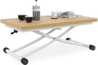 IDMarket Table basse extensible relevable en table à manger rectangulaire urbana plateau façon hêtre pied blanc