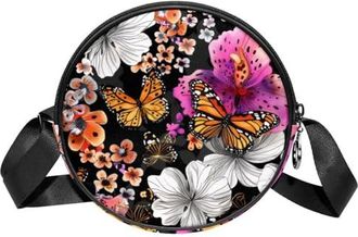 Generic Sac &agrave; bandouli&egrave;re rond pour femme, motif fleurs et papillons, petit sac &agrave; bandouli&egrave;re avec fermeture &eacute;clair, bretelles r&eacute;glables, sac &agrave; main rond d&eacute;co