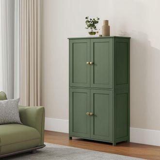 Vasagle Armoire Haute de Rangement, Meuble de Cuisine avec 4 Portes, 2 &Eacute;tag&egrave;res R&eacute;glables, Style Shaker, Vert