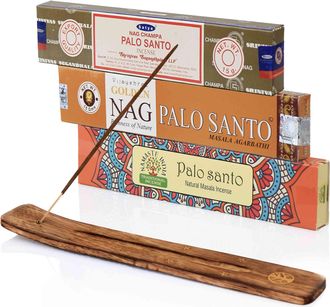 NKlaus Räucherstäbchen Palo Santo Set - Satya, Golden Nag & Namaste India + Holzhalter | 3er Räucherwerk mit Naturduft aus Indien
