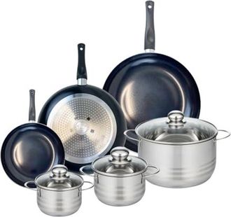 Fackelmann ELO 9748750 Batterie de cuisine 6 pi&egrave;ces, Ensemble de 3 Po&ecirc;les de cuisson 20, 28 et 32 cm et 3 faitouts 14, 16 et 24 cm Elo Prima Brillant, inox, indu