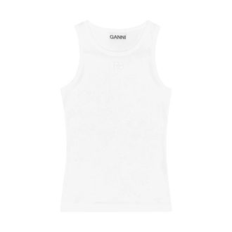 Ganni Wei&szlig;es Baumwolllogo-Applikation &auml;rmelloses Top - - Tops - Damen - Wei&szlig; - L