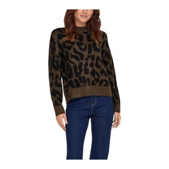 Jacqueline de Yong Jacqueline de Yong, Femme, Pulls, Brun, Taille: 42 FR Maille &agrave; Manches Longues et Motif L&eacute;opard avec Col Rond