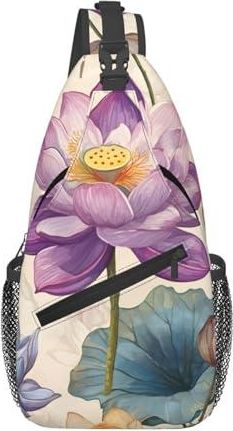 Generic Sacoche Homme Bandouliere Motif lotus violet Casual Sling Sac &agrave; Bandouli&egrave;re Durable Crossbody Bag pour Homme Femme Randonn&eacute;e