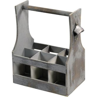 KESPER Flaschentr&auml;ger Antik f&uuml;r 6 Flaschen aus FSC-zertifiziertes Holz mit praktischem Griff und Flaschen&ouml;ffner, wiederverwendbar, grau, 25x32x16,8 cm