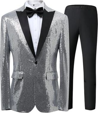 Generic Smoking &agrave; paillettes pour homme 3 pi&egrave;ces Coupe ajust&eacute;e Un bouton Robe Costume Veste Blazer Brillant Ensemble avec noeud papillon, argent&eacute;, 4XL