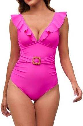 Generic Maillots De Bain Femme Une Pieces Gainant Et Amincissant Couleur Unie avec Dos noué et Ceinture péplum (XXL)