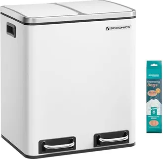 Songmics Poubelle Cuisine, 2 x 15 L, Poubelle Tri, avec P&eacute;dale, 2 Compartiments, 15 Sacs Poubelles, Seaux Int&eacute;rieurs, Couvercles en Douceur, en Acier, Blanc Nu