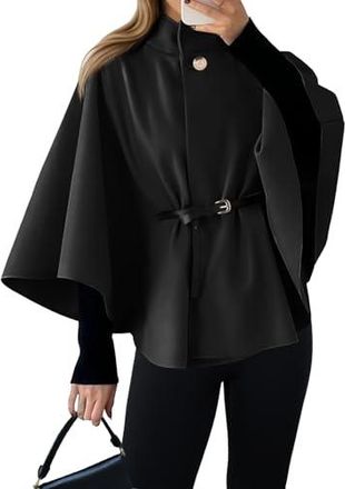 Generic Manteaux à pois poncho à manches chauve-souris pour femmes surdimensionnés ceinturés à la mode et décontractés manteaux de cape à col montant (Noir,S)