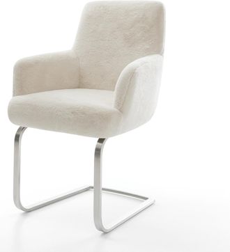 DELIFE Freischwinger Heira-Flex mit Armlehnen Pl&uuml;sch Creme-Wei&szlig; Freischwinger flach Edelstahl Taschenfederkern, Esszimmerst&uuml;hle