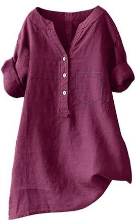 Generic IQYU Chemise en lin &agrave; manches courtes pour femme - &Eacute;l&eacute;gant chemisier en lin - Chemisier d&eacute;t&eacute; surdimensionn&eacute; - Grande taille - Chemisier long en lin - 