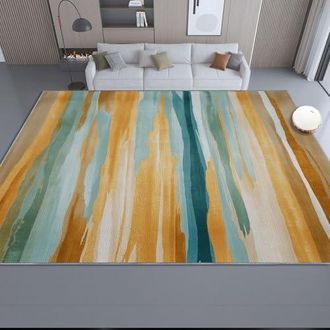 Generic Brun Tapis pour Salon 160 x 230 cm, Lavables avec Dos Antid&eacute;rapant, Tapis &agrave; Poils Courts Imprim&eacute; Abstrait Art D&eacute;co Rayures pour Cuisine Salle &agrave; Manger