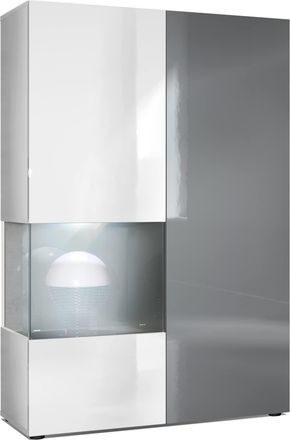 Vladon Vitrine Kommode Hochschrank Morena, Made in Germany, Korpus in Wei&szlig; matt/Rechte T&uuml;r und der Einsatz in Grau Hochglanz, inkl. LED Beleuchtung