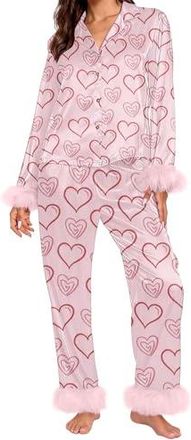 Generic Ensemble de pyjama 2 pi&egrave;ces en satin de soie pour femme avec bordure en plumes, chemise boutonn&eacute;e, pantalon de d&eacute;tente, ensemble de pyjama 2 pi&egrave;ces av
