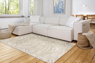 Astra Tapis Moderne Salon, Chambre &agrave; Coucher - Tissu Plat Doux pour lint&eacute;rieur - Tapis Moelleux &agrave; Poils Courts Lou - Tapis Vagues cr&egrave;me-Gris, 133 x 190 cm