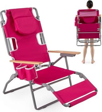 Giantex Chaise Longue Pliable, Fauteuil de Bronzage avec Trou pour Visage, Repose-Pieds & Dossier R&eacute;glables, Sac de Rangement, Chaise de Plage Portable Inclin