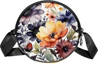 Generic Sac &agrave; bandouli&egrave;re rond pour femme, motif fleurs et feuilles, sac &agrave; dos avec fermeture &eacute;clair, bretelles r&eacute;glables, sac &agrave; main rond d&eacute;contract&eacute; pour fe