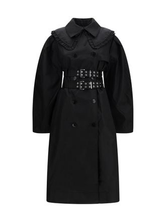 Ganni Womens Coat Belted Double-Breasted Black Nylon