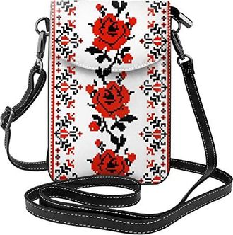 IUBBKI Style de broderie ukrainienne Rose sac à main pour téléphone portable - petit portefeuille en cuir à bandoulière femmes bretelles sac transporter cart