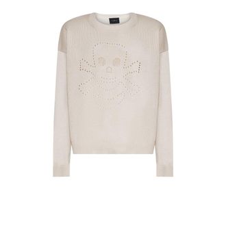 John Richmond Baumwollstrick mit Lochmuster-Totenkopfmotiv - - Knitwear - Herren - Beige - 2XL