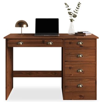 IDIMEX Schreibtisch Lana mit 5 Schubladen, Kastanie Farben - B&uuml;rotisch aus Massivholz im Landhausstil, klassisches Design, B&uuml;rotisch mit Muschelgriffen