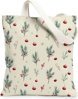 Generic Sacs fourre-tout en toile de pin de No&euml;l, motif feuilles persistantes, r&eacute;utilisables, vintage, l&eacute;gers, lavables, cr&egrave;me, 13x15 Inch