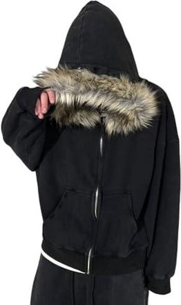 ORANDESIGNE Homme Sweat &agrave; Capuche Y2K Veste zipp&eacute;e avec Capuche en Fourrure Manteau dhiver Chaud Streetwear B Noir M