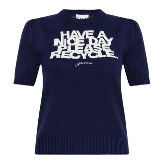 Ganni T-Shirt mit Slogan und Puff&auml;rmeln - - Tops - Damen - Blau - S