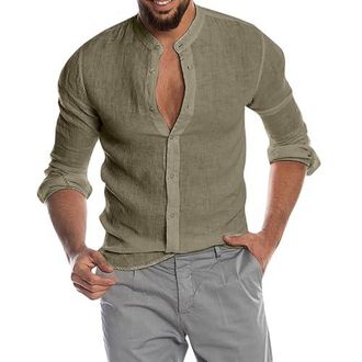 Generic Chemise en lin blanc pour homme, chemise en lin, chemises &agrave; manches longues, chemises blanches, coupe droite, t-shirt noir, col en V, hauts d&eacute;contract