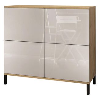 Vladon Kommode Rova V3, Moderner Küchenschrank mit 4 Push-to-Open Türen Eiche Evoke/Sandgrau Hochglanz (92,5 x 83.5 x 35)