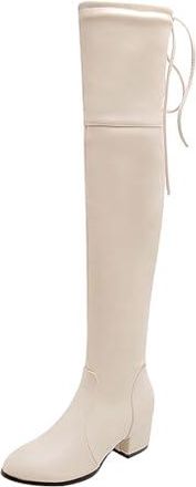 SJJH Bottes au-dessus du genou - Dos r&eacute;glable - Bottes pour femme pour le quotidien et la soci&eacute;t&eacute; - Talon de 5,5 cm - Doublure chaude, beige, 32 EU