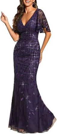 Ever-pretty Sirène Robe de Soirée Femme Longue Paillettes Manche Courte Feuilles Splendide Voilet Foncé 48