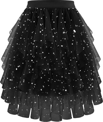 Bbonlinedress Damen T&uuml;llrock schwarz Pailletten Tutu Rock Knielang Petticoat Unterrock Cosplay Rock Glitzer Kurz Tanzrock Elastisch T&uuml;ll Ballett Karneval Fasching K