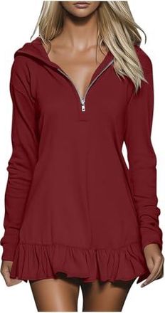 Generic Mini robe chandail &agrave; capuche avec fermeture &eacute;clair quart de col en V pour femme, style r&eacute;tro, surdimensionn&eacute;, ourlet &agrave; volants, tendance, d&eacute;contract&eacute;,