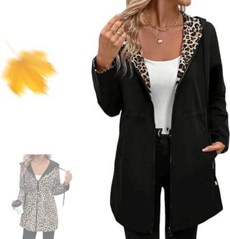 Generic Two-Wear Veste coupe-vent pour femme Imprim&eacute; l&eacute;opard avec cordon de serrage &agrave; la taille Double poches lat&eacute;rales Tendance et polyvalent, Noir, XXL