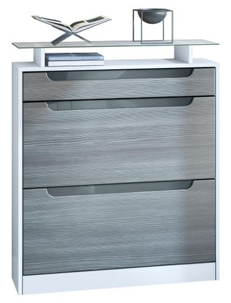 Vladon Schuhschrank Fiesta, Wei&szlig; matt/Avola-Anthrazit/Grau Hochglanz Schuhkipper f&uuml;r 16 Paar Schuhe mit 2 Klappen (89 x 104 x 23 cm)