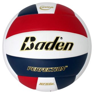 Baden Perfektion, Premium-Leder, offizielles Spiel-Volleyball für den Innenbereich, 13U bis College, offizielle Größe + Gewicht, Rot/Marineblau/Weiß, NFHS- 