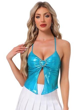 Allegra K D&eacute;bardeur M&eacute;tallique Femme Haut sans Manches Brillant &agrave; Bretelles Spaghetti Caraco Col Licou Clubwear Haut de Soir&eacute;e Costume dhalloween Bleu Ciel L