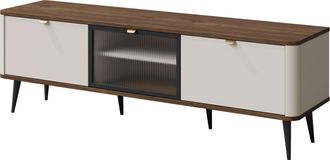 Mirjan24 TV-Lowboard Rotevio 2K1W RT12 mit Glast&uuml;r und Stauf&auml;chern, Fernsehschrank, TV-Kommode mit abgerundeten Seiten, TV Sideboard (Cashmere + Nuss)