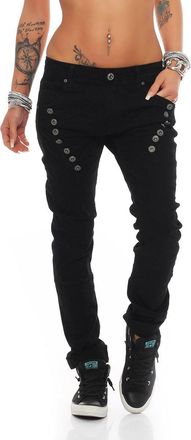 Fashion4Young 10826 MOZZAAR Damen Jeans Jeans R&ouml;hrenjeans Haremshose Damenjeans H&uuml;ftjeans Baggy (3XL=46, Schwarz)
