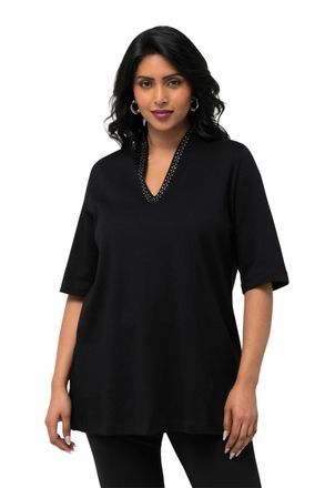 Ulla Popken Damen große Größen Übergrößen Plus Size T-Shirt, Pima Cotton, A-Linie, Kelchkragen, Halbarm schwarz 54+ 821287130-54+