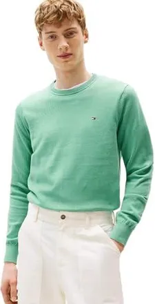 Tommy Hilfiger Pull &agrave; col rond uni pour homme, collection 2025, Vert persistant givr&eacute;, Taille M