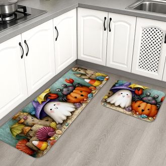 Generic Verspielte Küchenmatten für Boden, Geister und Kürbisse, fantasievolle weiche Matten, gepolstert, bequem, waschbar, rutschfest, Dekor-Teppiche für Küc
