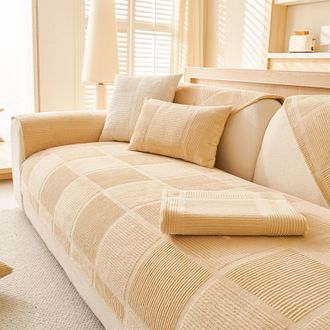 Generic Samt-Sofa&uuml;berzug in Uni-Farbe, rutschfest und waschbar, passend f&uuml;r 1- bis 4-Sitzer-Sofas, geeignet f&uuml;r L-Form-/modulare Sofas Khaki 90 * 120cm/35.43 